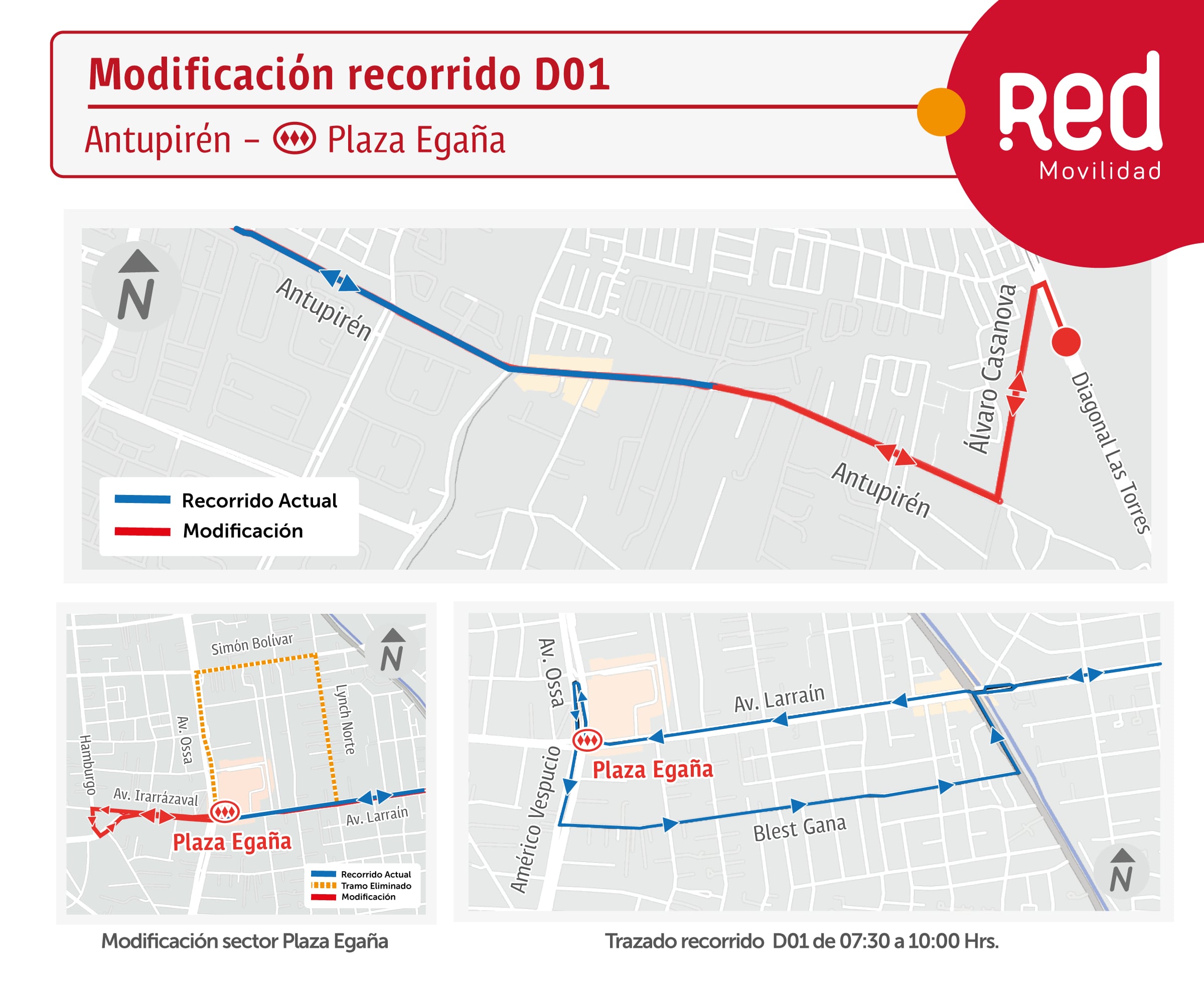 Cambios de recorridos de los servicios D01, D03c y D07c: - La Tercera